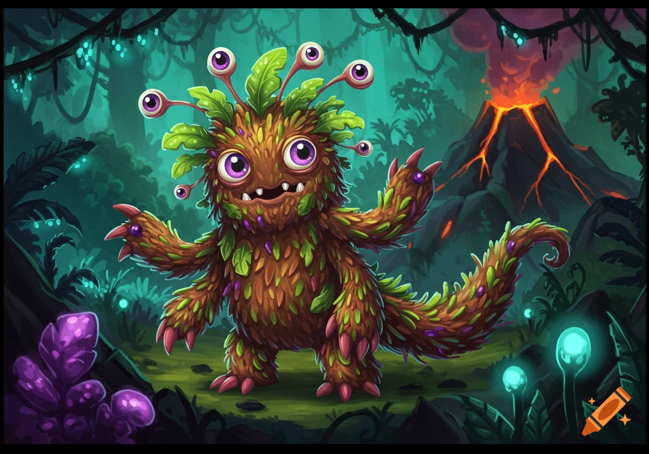Cartoon fantasy monster with many eyes in a jungle near a volcano. on ...