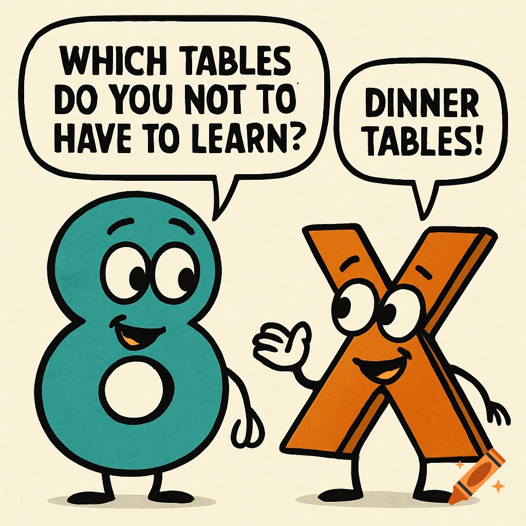 Cartoon number 8 asks a multiplication sign 'X' a joke: 'Which tables ...