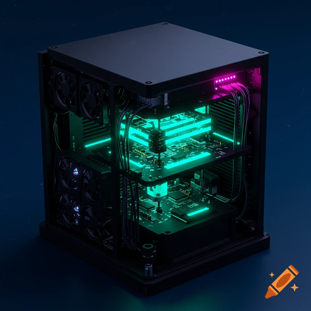 A black quantum computer tower with internal components illuminated by ...