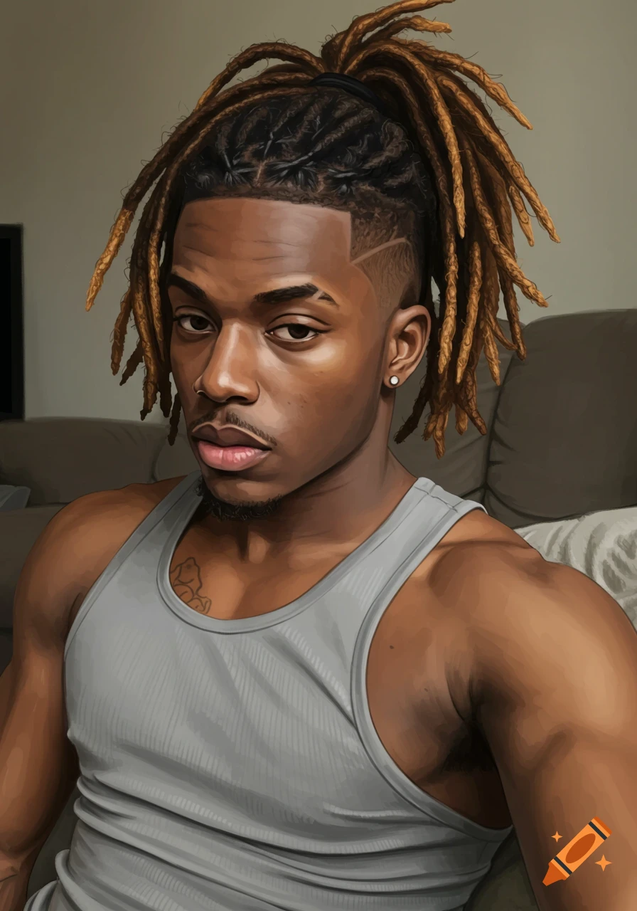 Digital art portrait of a young man with dreadlocks styled in a ponytail and a fade haircut ...