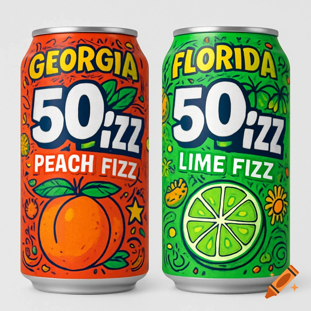 Two colorful soda cans, one orange with Georgia Peach Fizz, the other ...