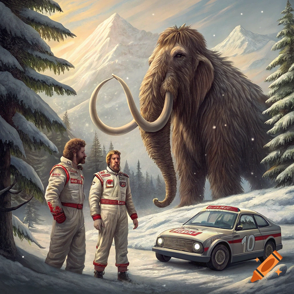 A large woolly mammoth stands in a snowy mountain landscape with two ...