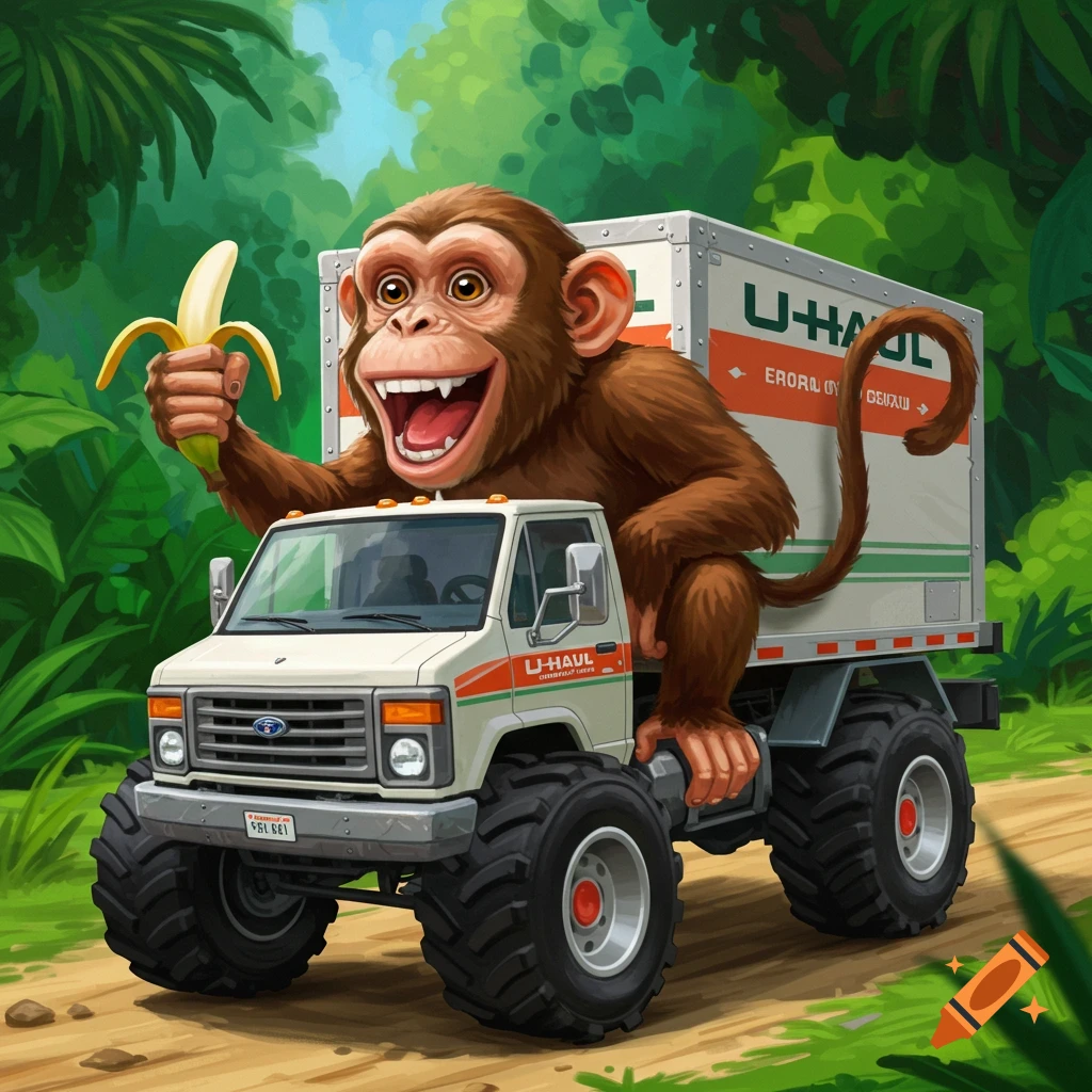 A cartoon monkey with a banana driving a large monster U-Haul truck through a jungle. on Craiyon