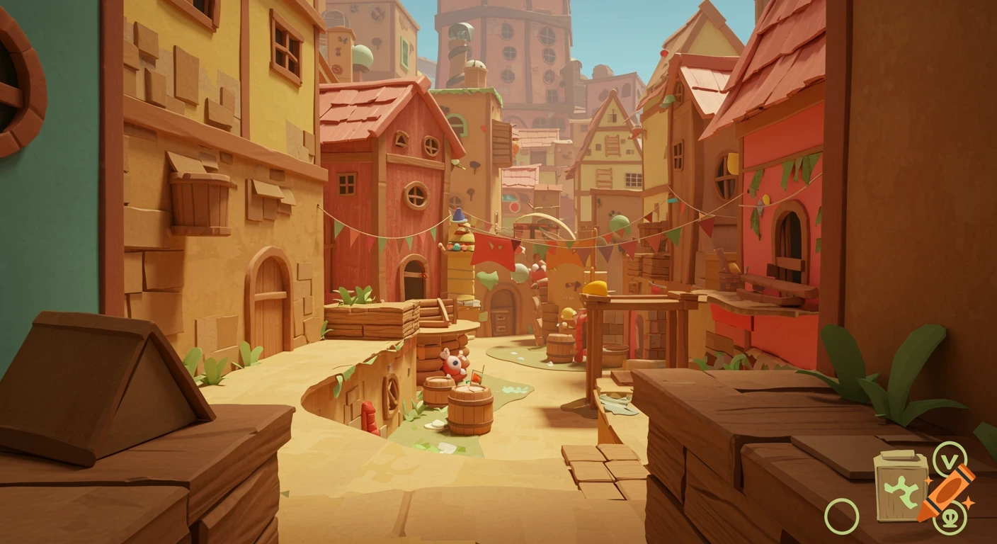 A whimsical cartoonish town square with colorful buildings made of ...