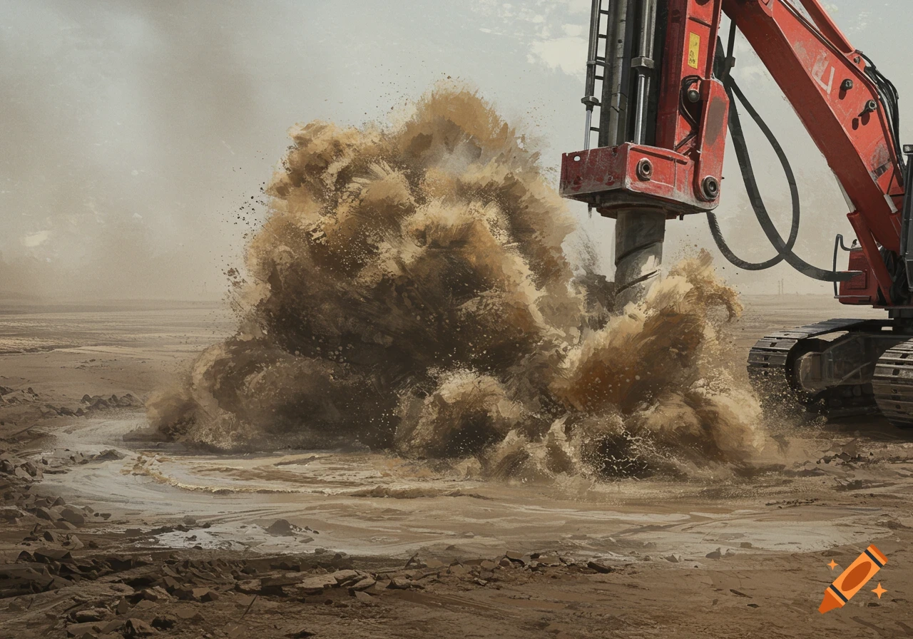 A red drilling rig excavates earth, splashing dirt and muddy water. on ...