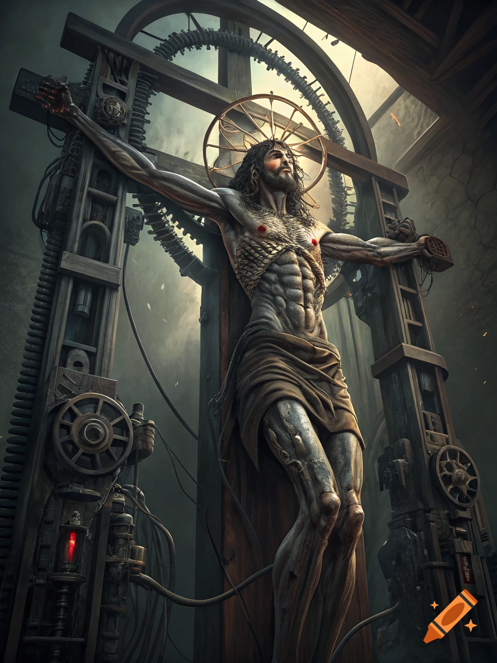Steampunk depiction of Jesus on a mechanical cross with gears and wires. on Craiyon