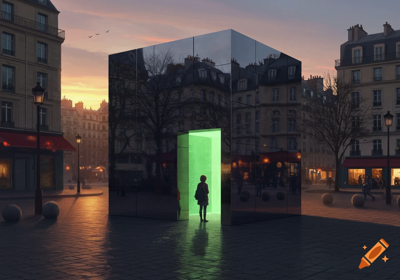 Person standing in front of a large mirrored cube with green light opening in a city square at ...