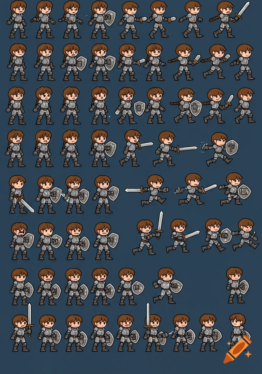 A 16-bit pixel art sprite sheet of a female knight in various poses. on ...