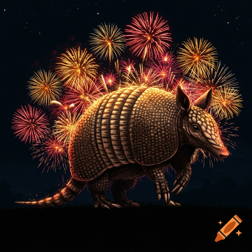An armadillo stands in front of colorful fireworks exploding in the ...