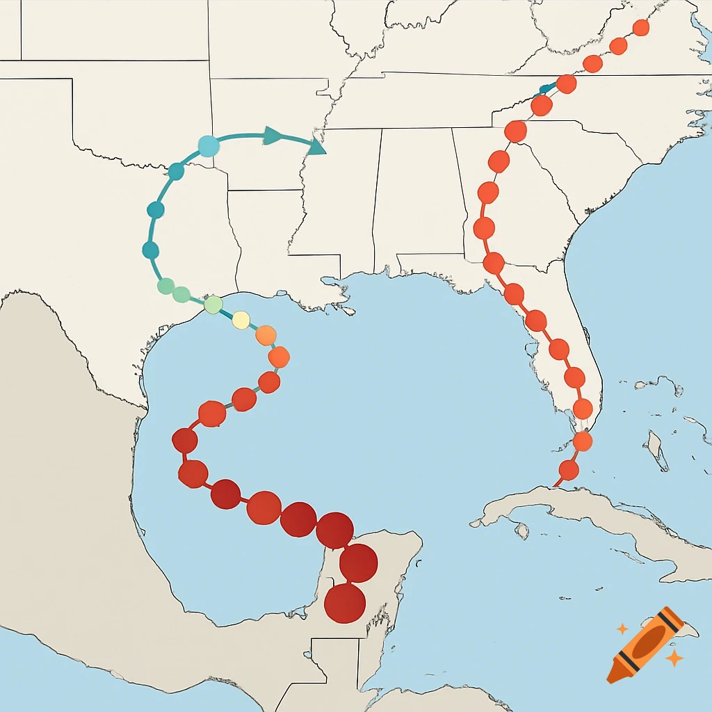 Map showing two hurricane paths over the US Gulf Coast and East Coast ...