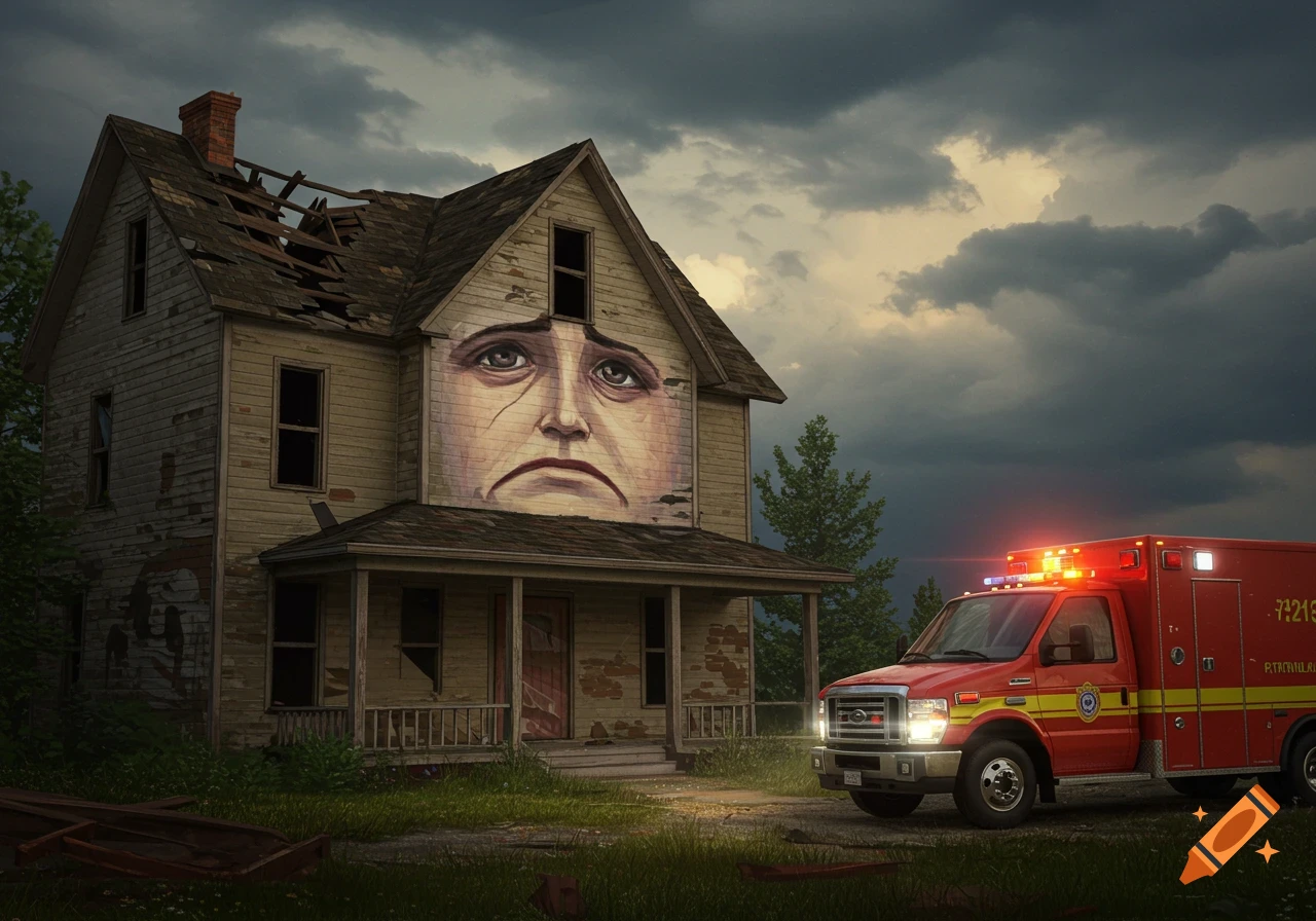 Damaged house with sad face painting, next to an ambulance under a ...