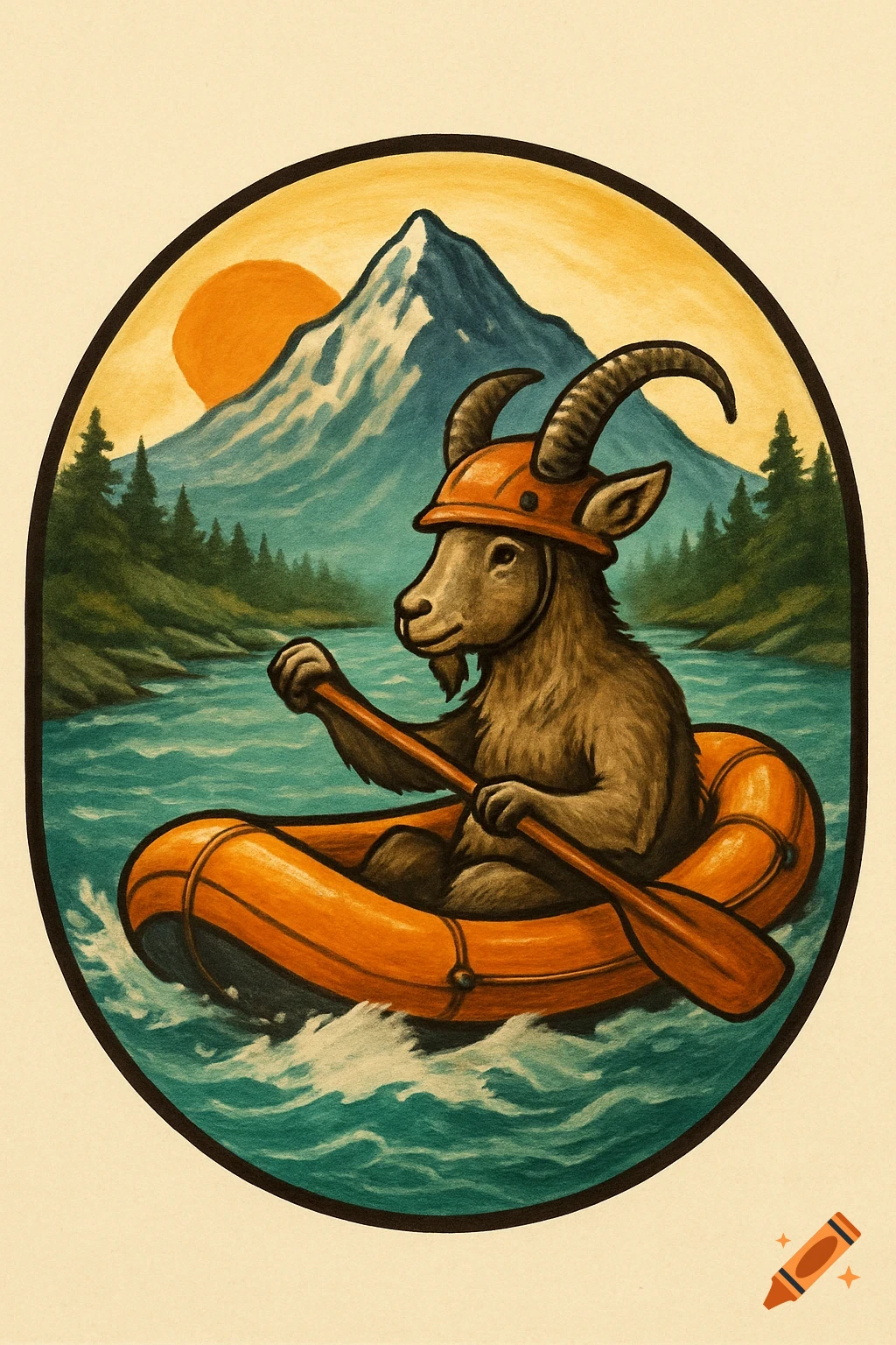 Graphic illustration of a goat in an orange raft, wearing a helmet, on ...