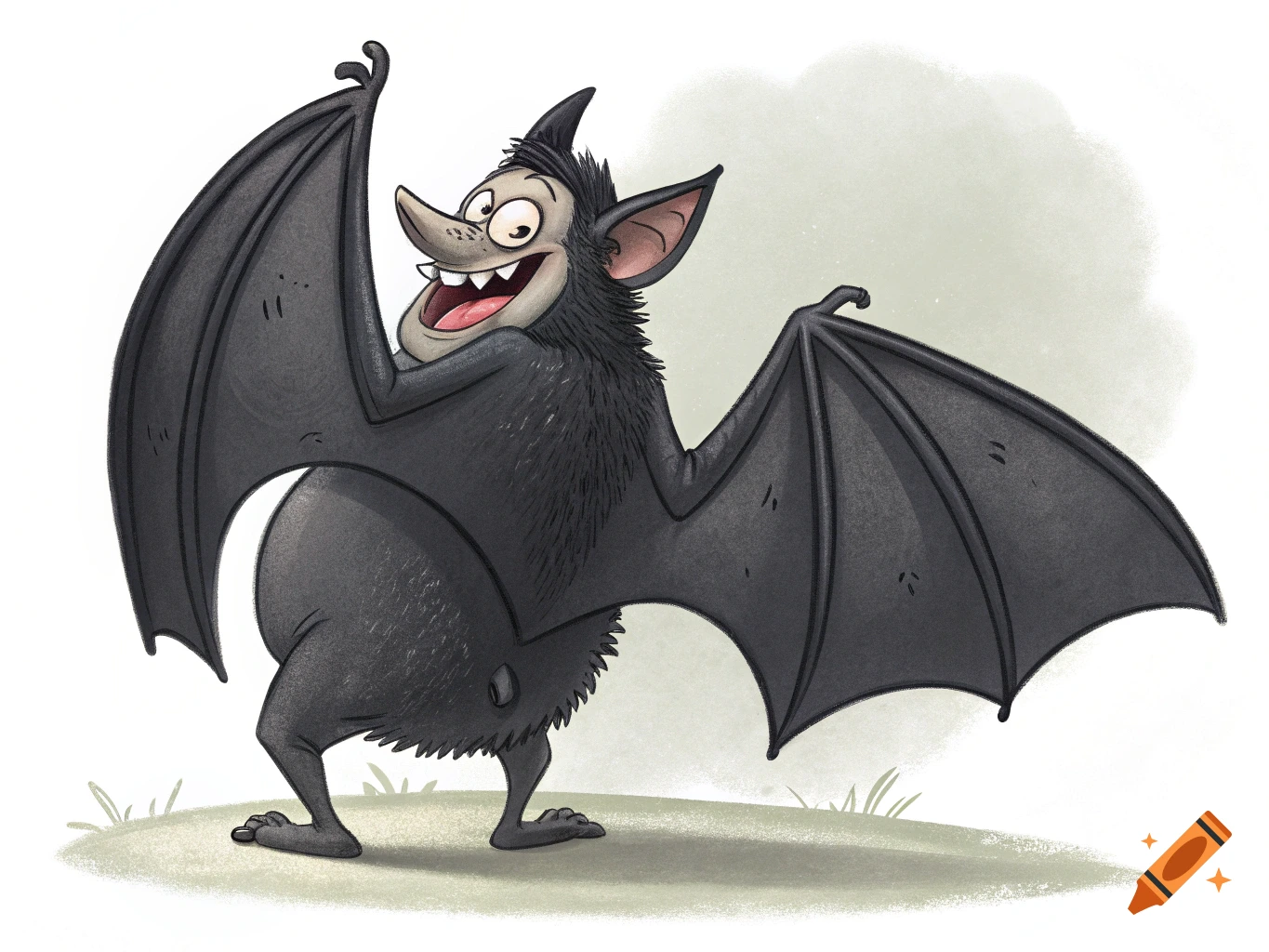 Cartoon black bat laughing, looking over its shoulder with wings spread ...