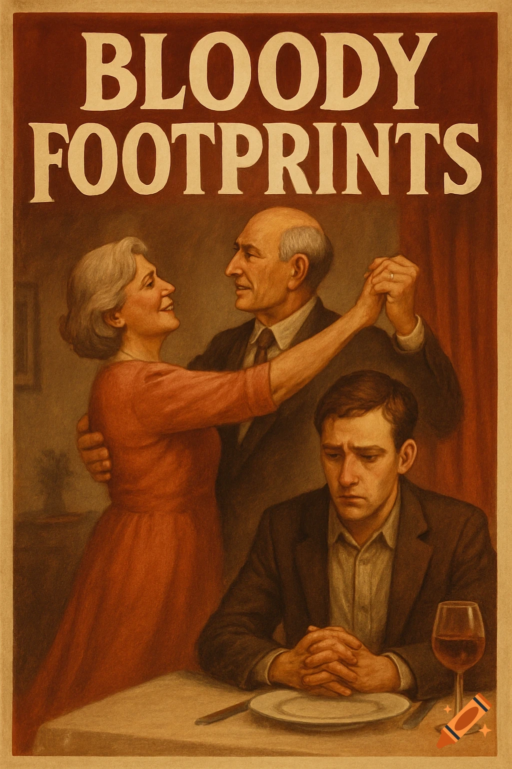Vintage poster of couple dancing behind sad man at table. Text reads ...