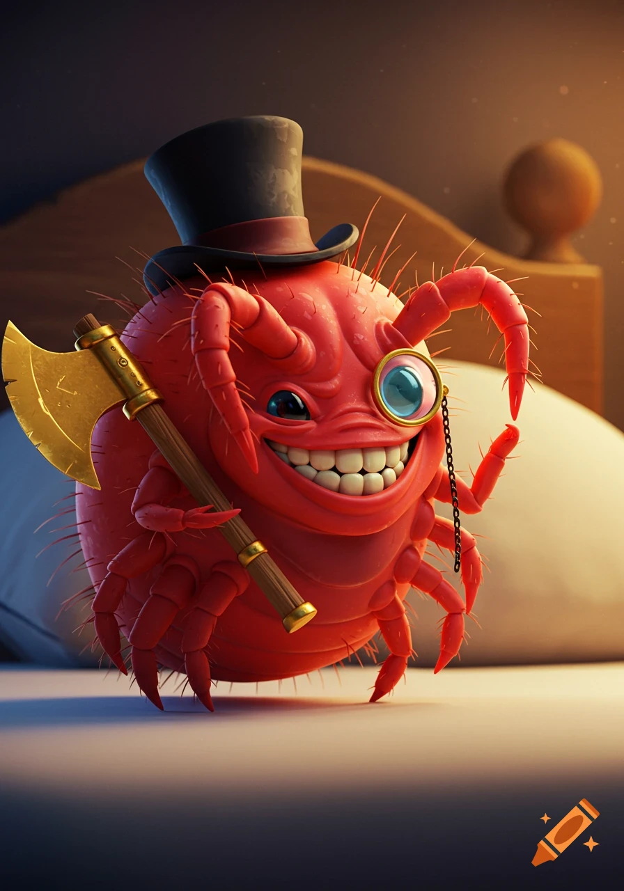 A red cartoon dust mite character wearing a top hat and monocle ...