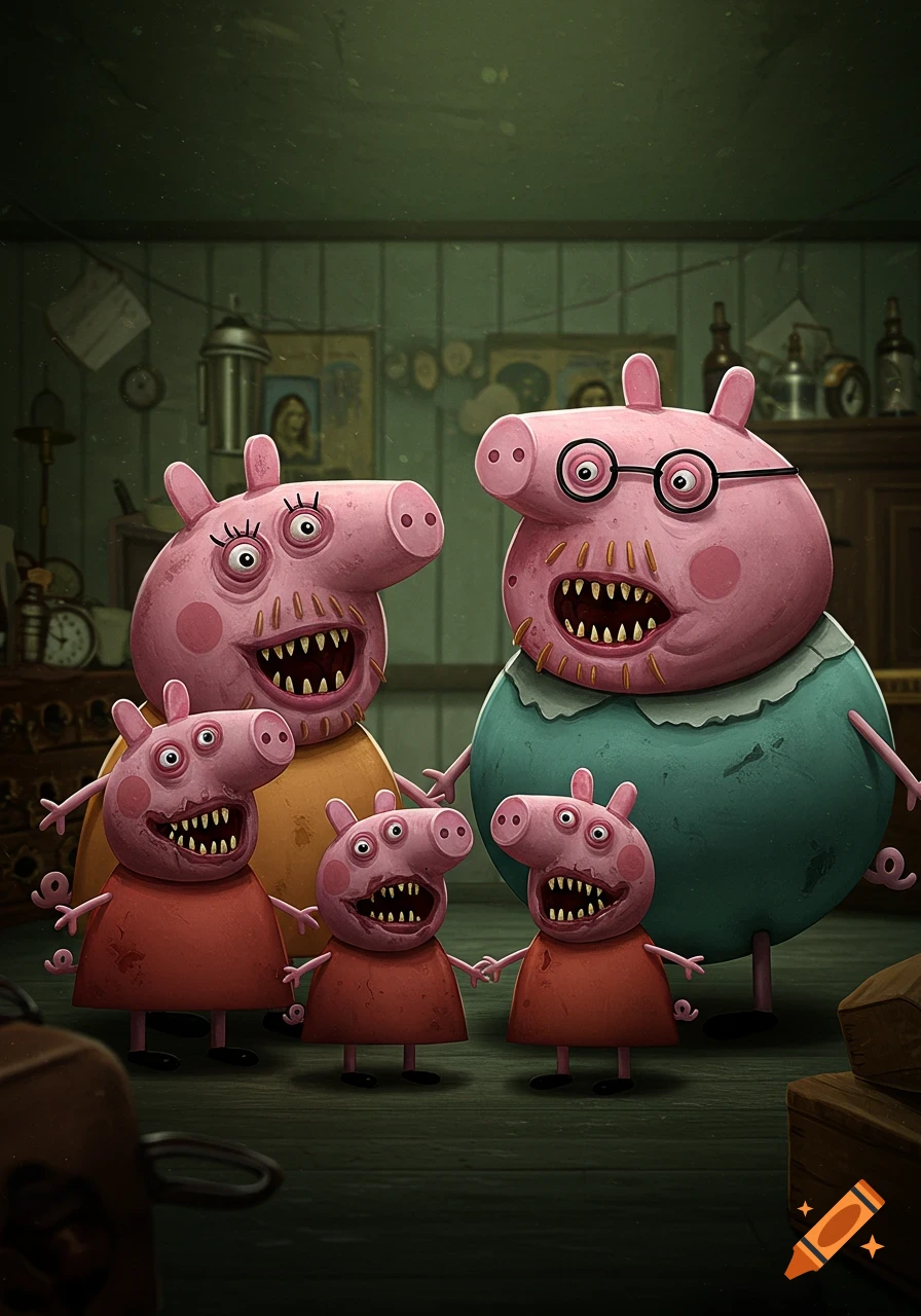 The Peppa Pig family depicted as creepy monsters with sharp teeth in a ...