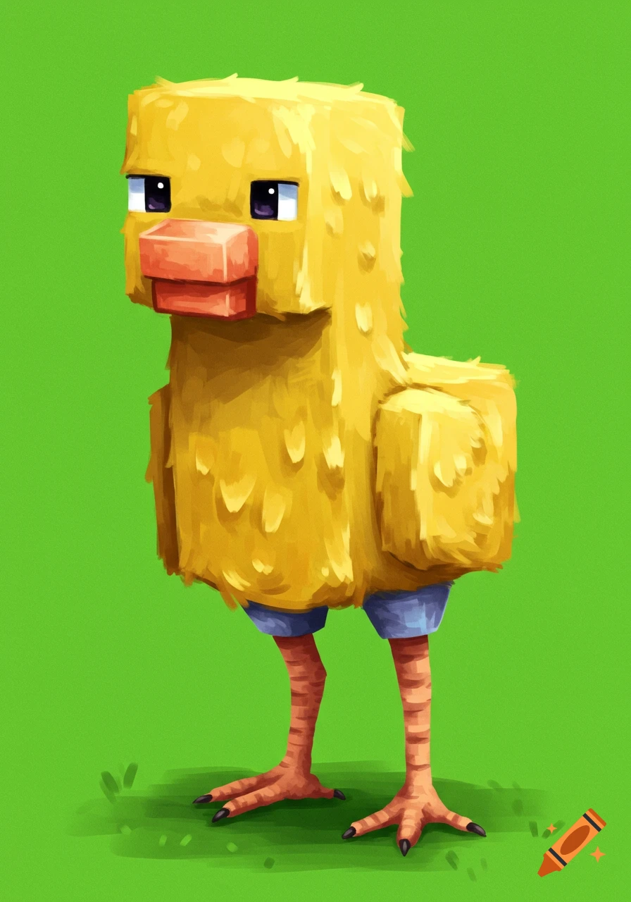Blocky yellow chicken character with square eyes, orange beak, blue leg ...