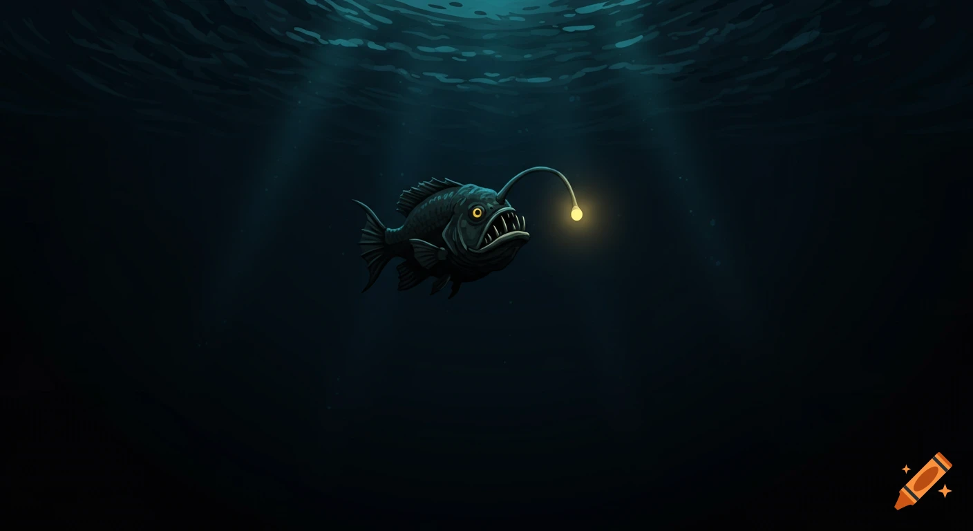 An anglerfish with a glowing lure swims in the dark deep ocean. on Craiyon