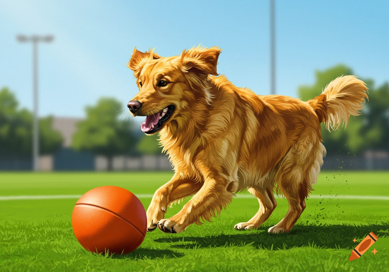 An illustration of a golden dog running after an orange ball on a ...