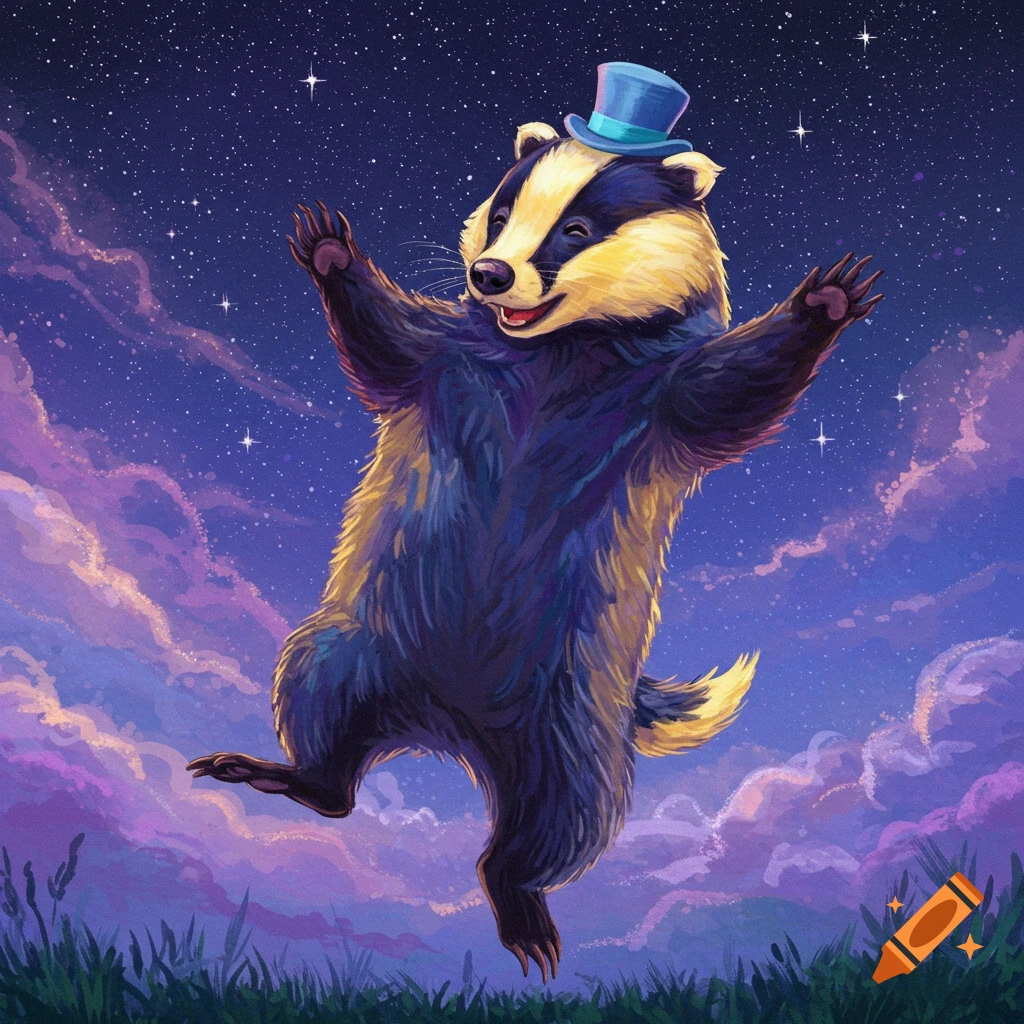 A happy badger in a blue top hat dances under a starry night sky with ...