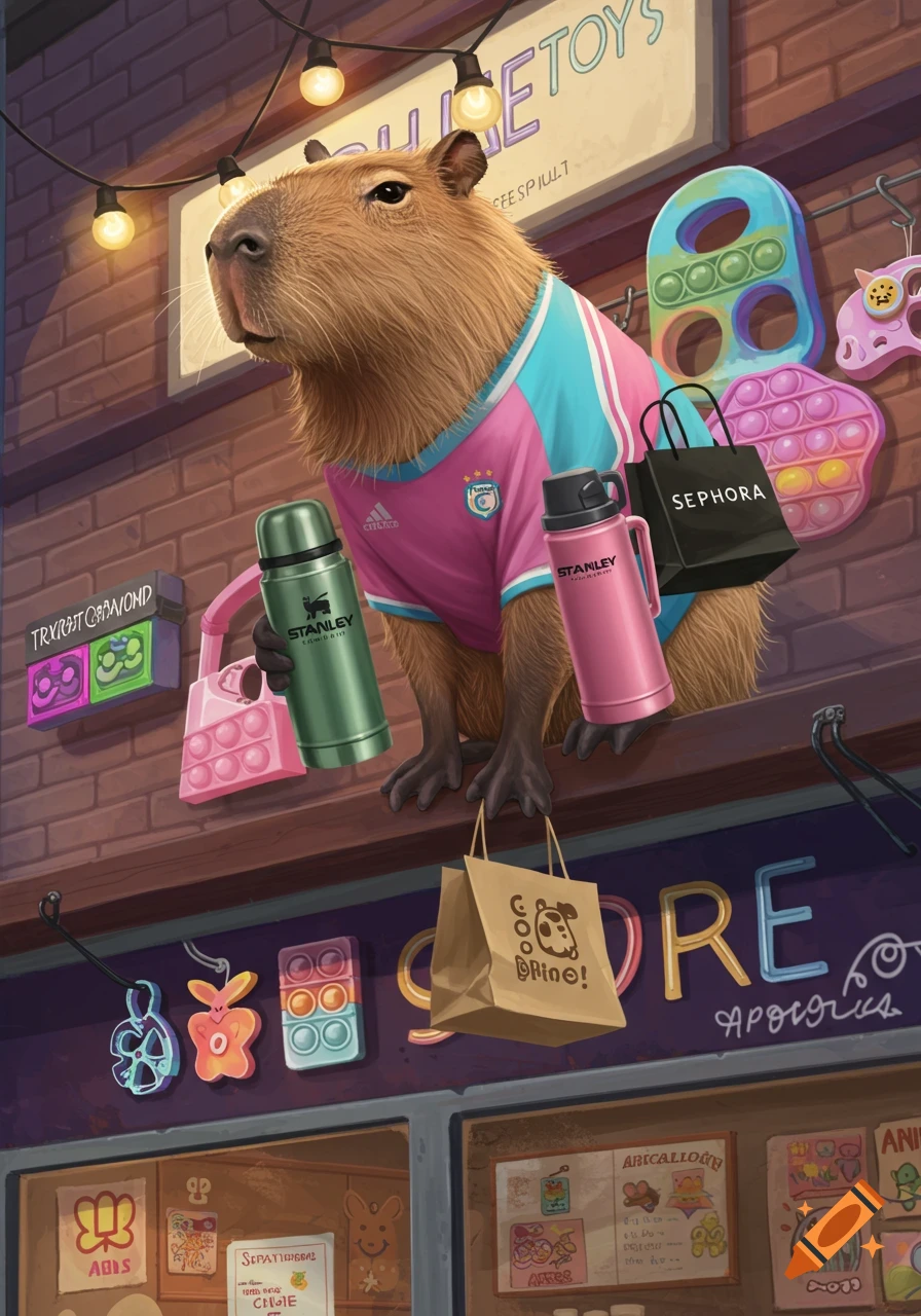 An illustration of a capybara wearing a jersey holding a Stanley cup ...