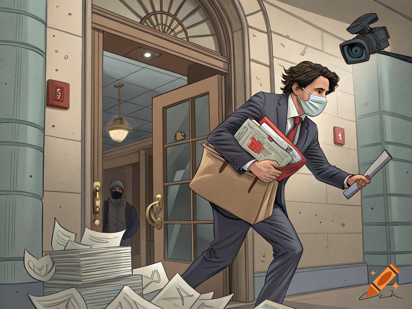 Illustration of a man resembling Justin Trudeau wearing a mask and suit ...