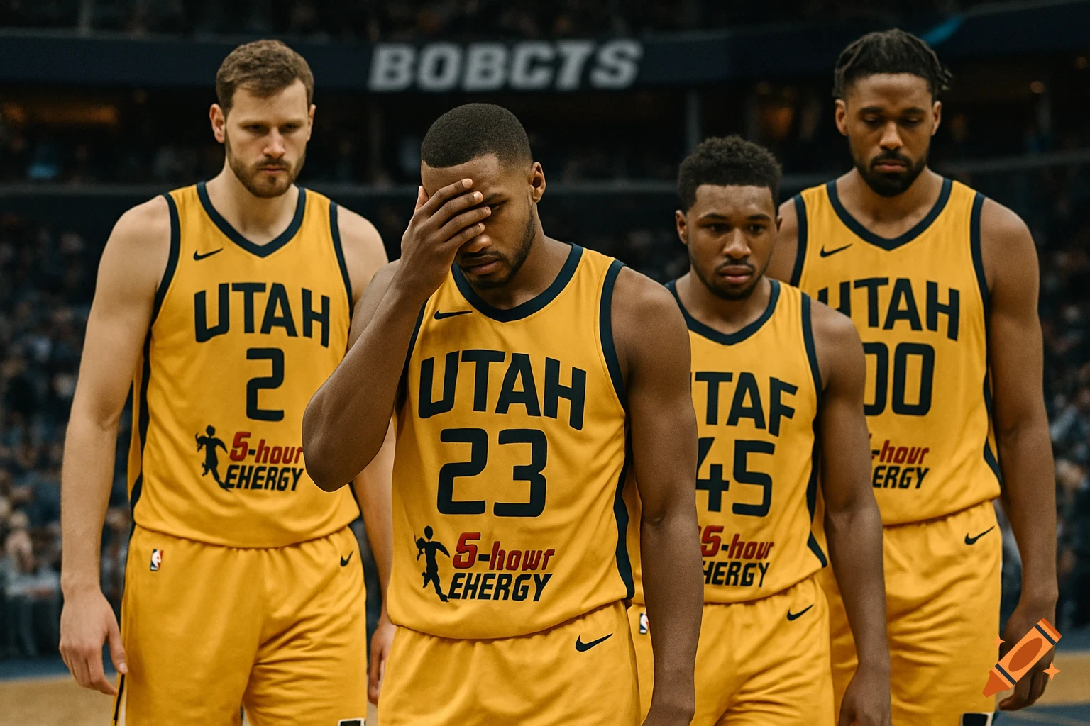 Dejected Utah Jazz basketball players in yellow jerseys stand on a ...