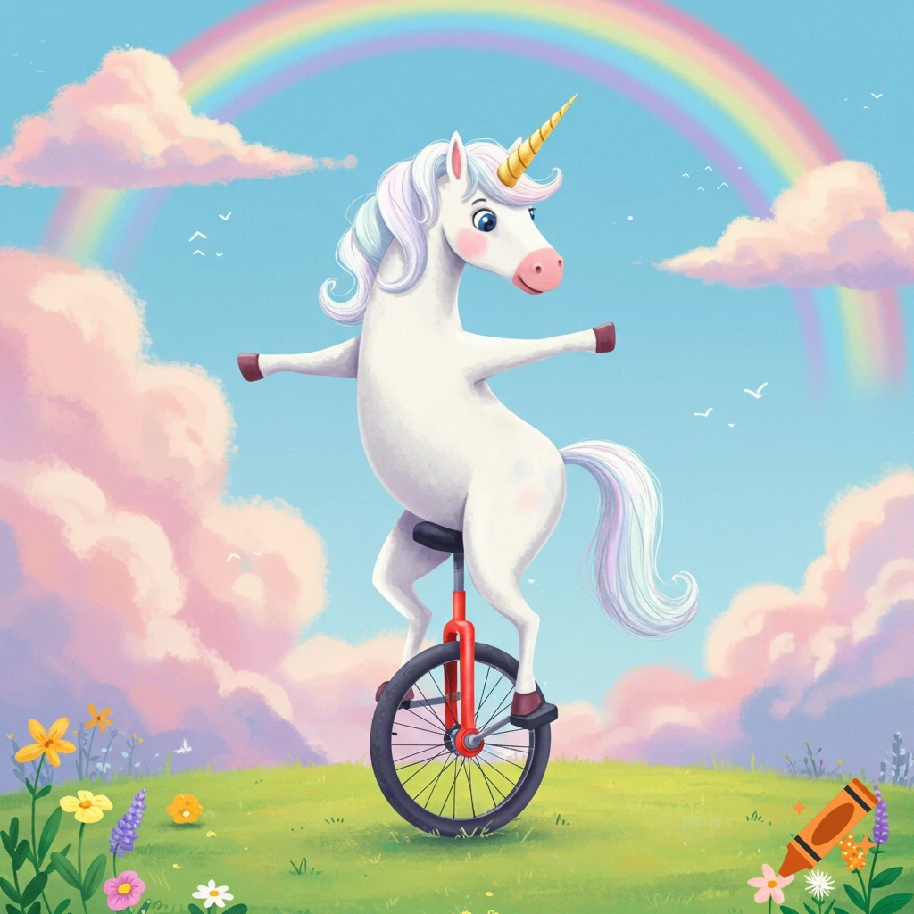 A cartoon unicorn rides a unicycle in a grassy field under a rainbow. on Craiyon