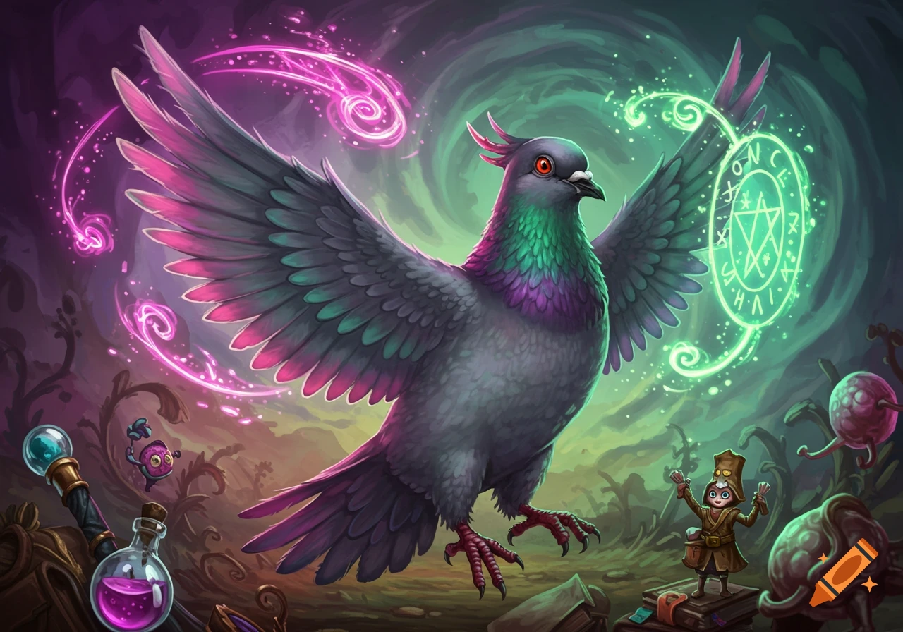 A fantasy illustration of a large pigeon with glowing wings amidst ...