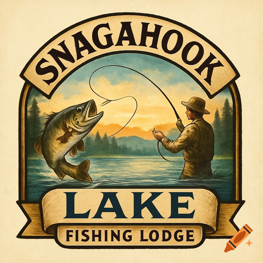 Fishing lodge logo illustration with large fish leaping from a lake ...