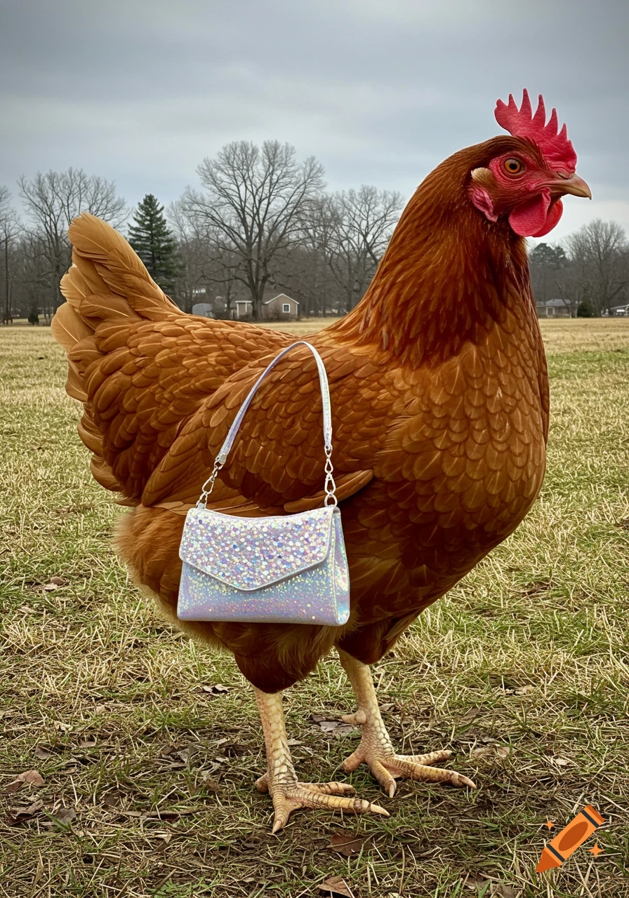 A chicken stands in a field wearing a sparkly purse. on Craiyon
