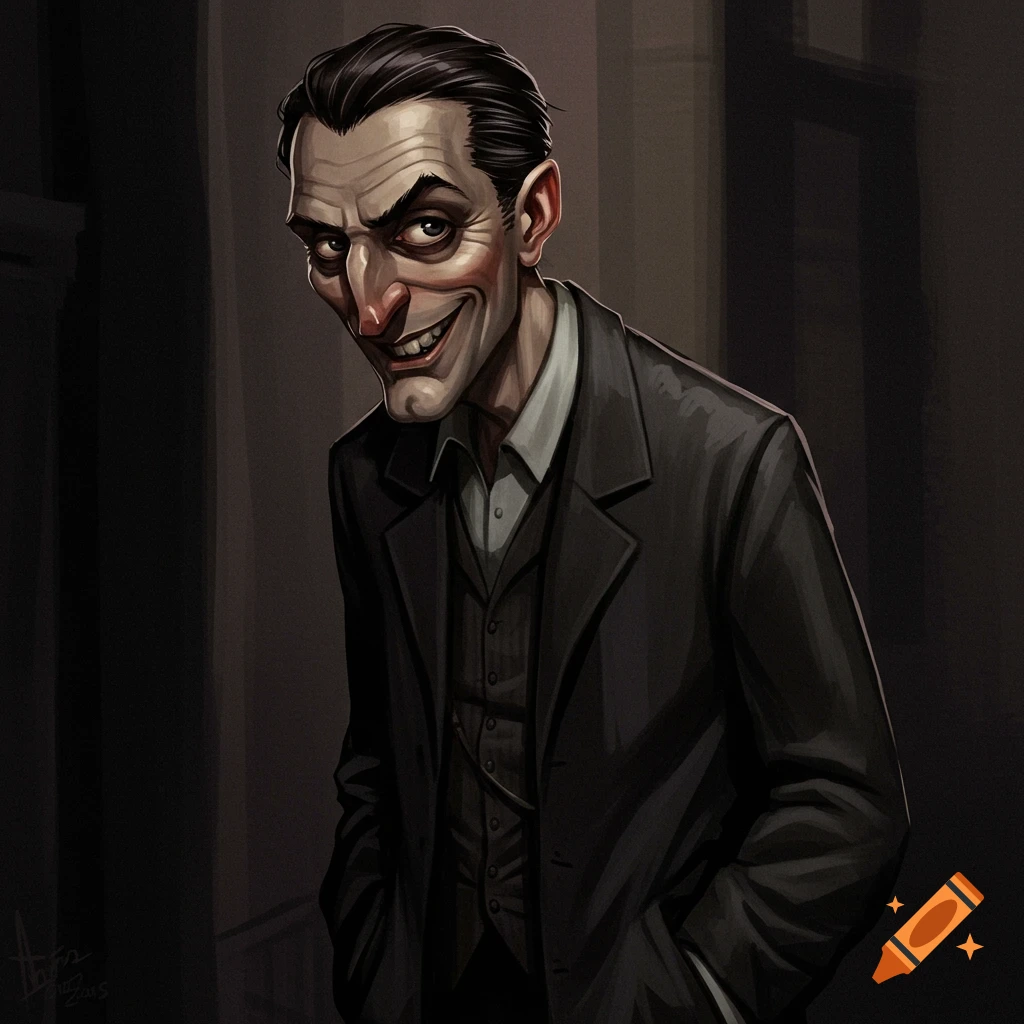 A stylized illustration of a shifty man in a suit grinning. on Craiyon