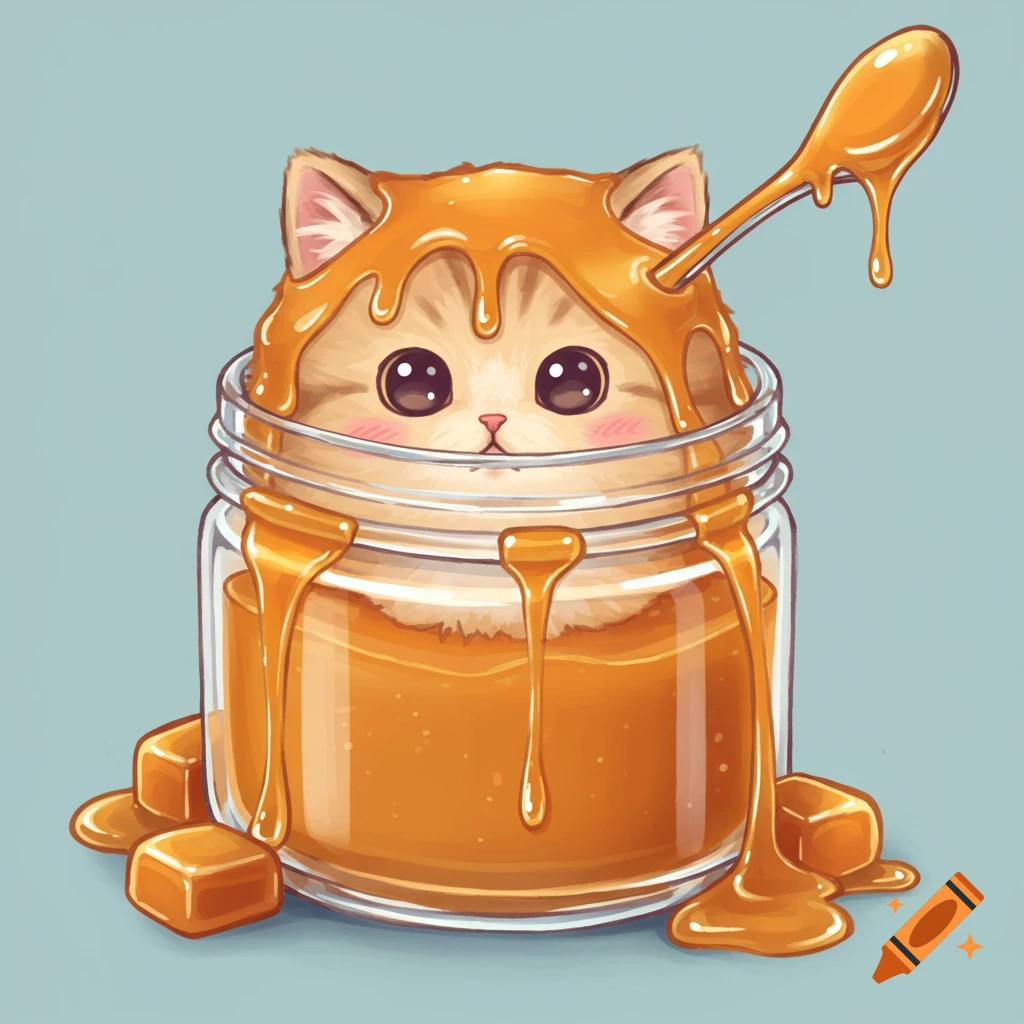 Cute cartoon cat in a jar of dripping caramel with candies on Craiyon