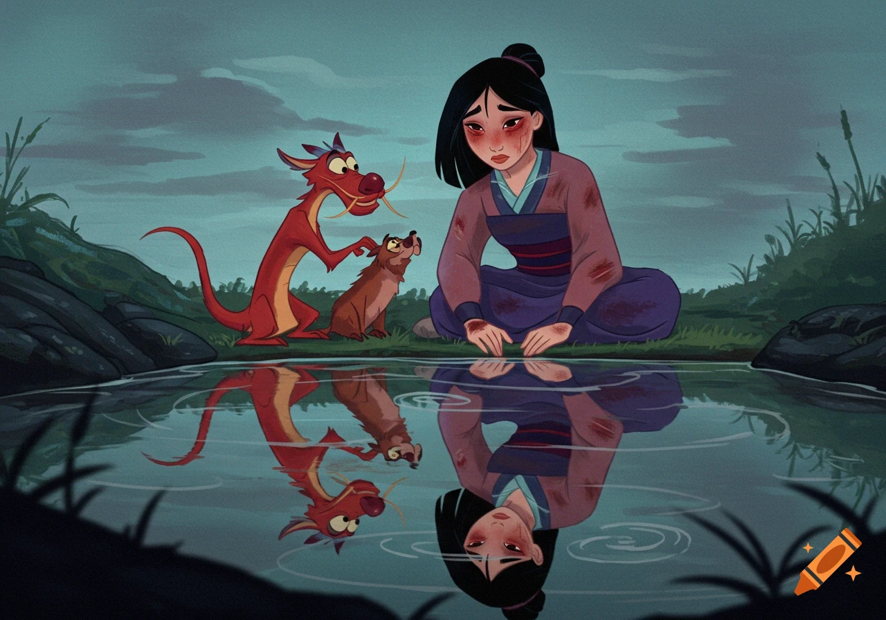 Illustration of Mulan, Mushu, and Cri-Kee by a pond. Mulan looks ...