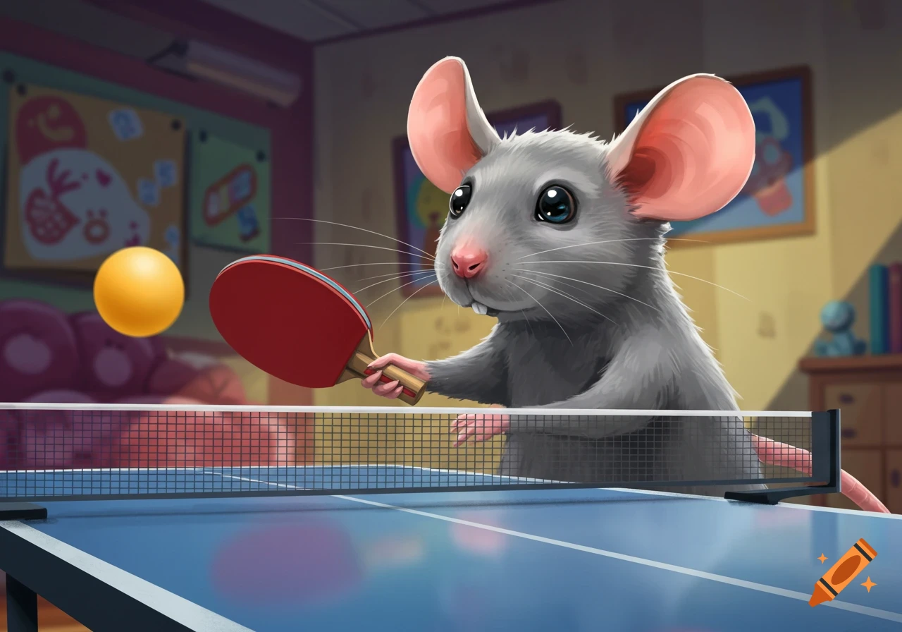 A cartoon mouse playing ping pong on a table. on Craiyon