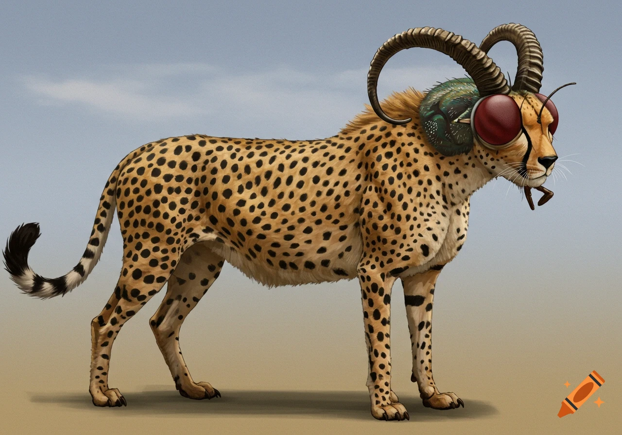 Illustration of a fantastical creature with a cheetah body, fly head ...