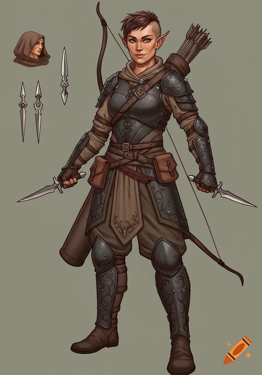 A female elf rogue character with short hair, wearing armor and holding ...