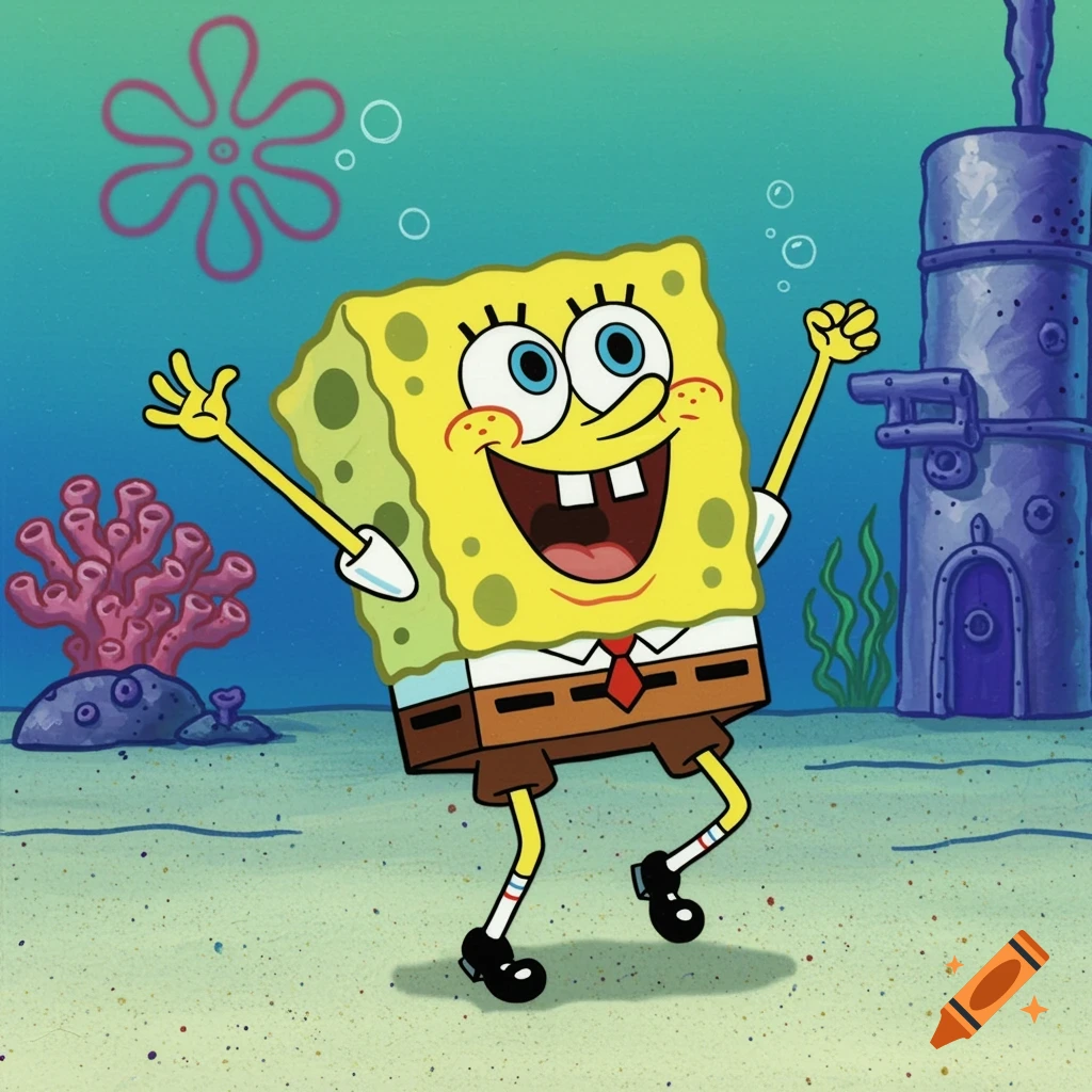 Spongebob Squarepants dances excitedly underwater with arms raised. on ...