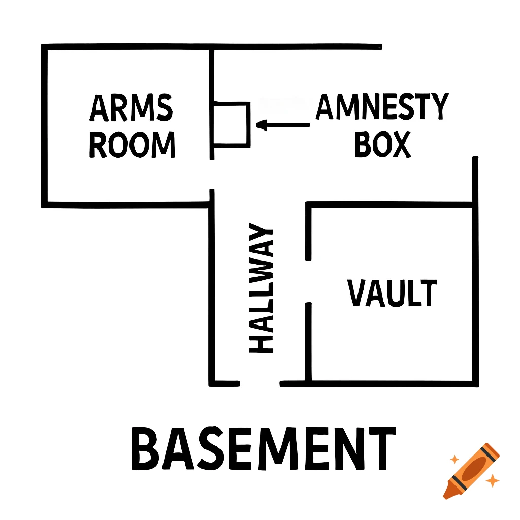 Black and white floor plan diagram showing rooms labeled Arms Room ...