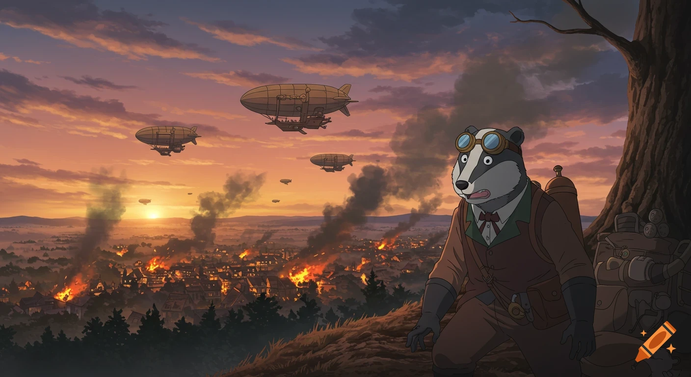 An anime badger in steampunk gear watches a burning town under airships ...