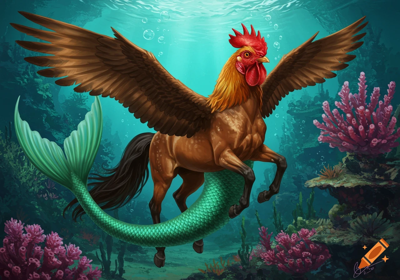 A mythical creature with a chicken head, horse body, wings, and mermaid ...