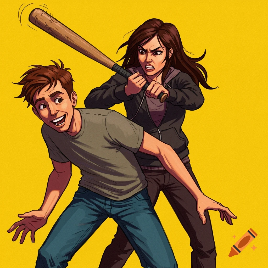 Cartoon illustration of a woman swinging a baseball bat at a man's head ...