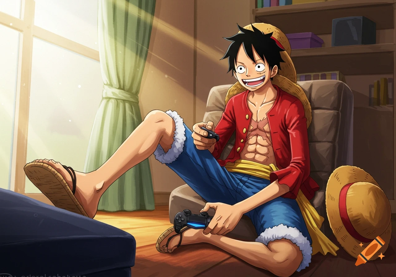 Anime illustration of Luffy from One Piece playing video games. on Craiyon