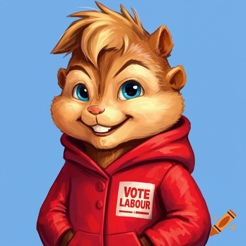 A cartoon chipmunk wears a red hoodie with a VOTE LABOUR sticker. on ...