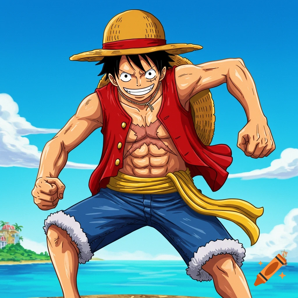 Anime depiction of Monkey D. Luffy standing on a beach on Craiyon