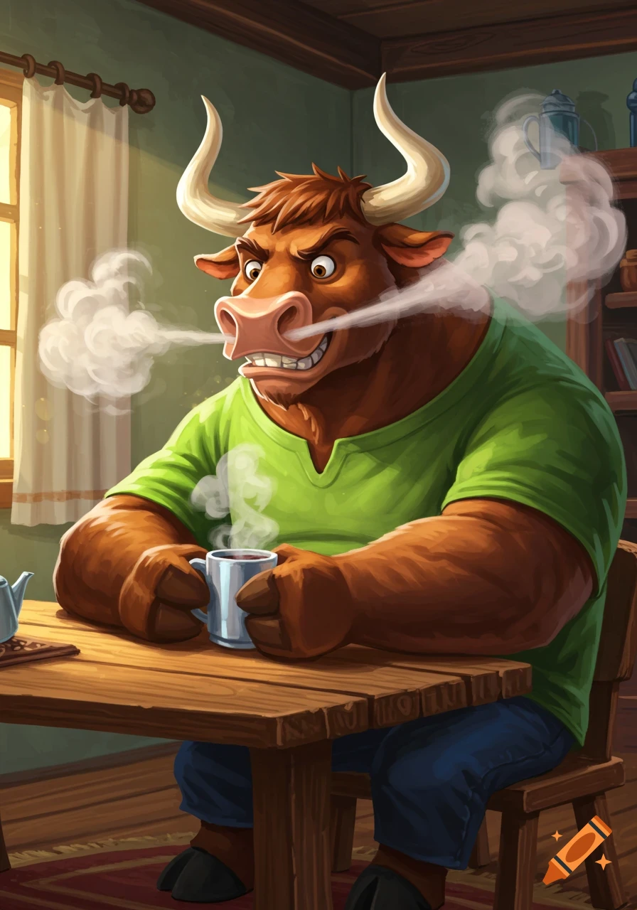 Cartoon bull in green shirt sits at table, steaming from nose, holding ...