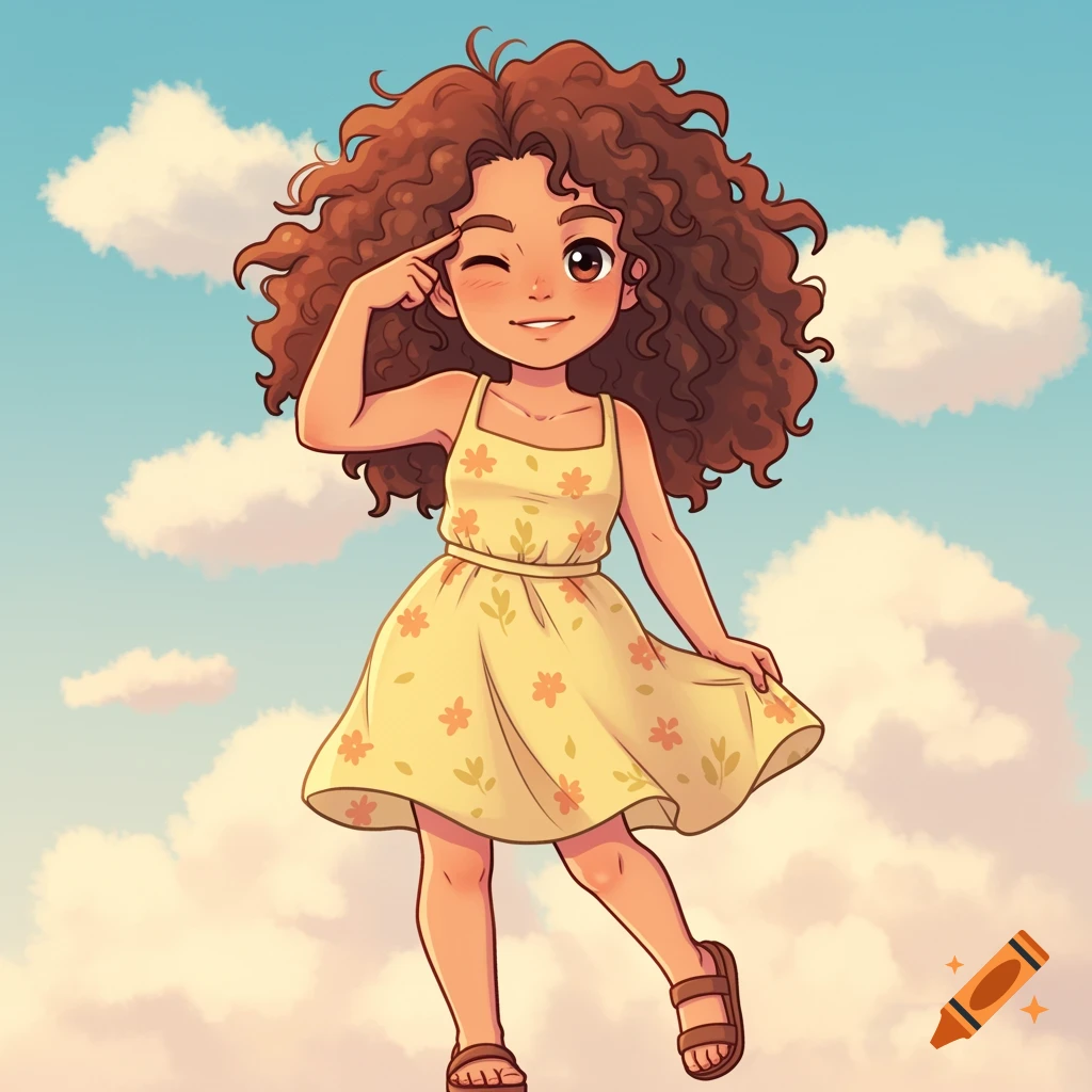 Cartoon girl with curly hair winking, pointing to her head, in a yellow ...