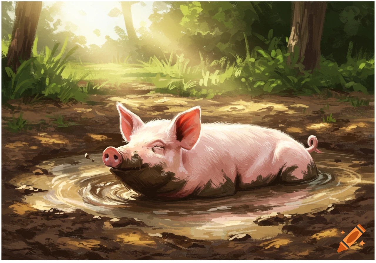 A pink pig wallowing in a muddy puddle in a sunny field, digital ...