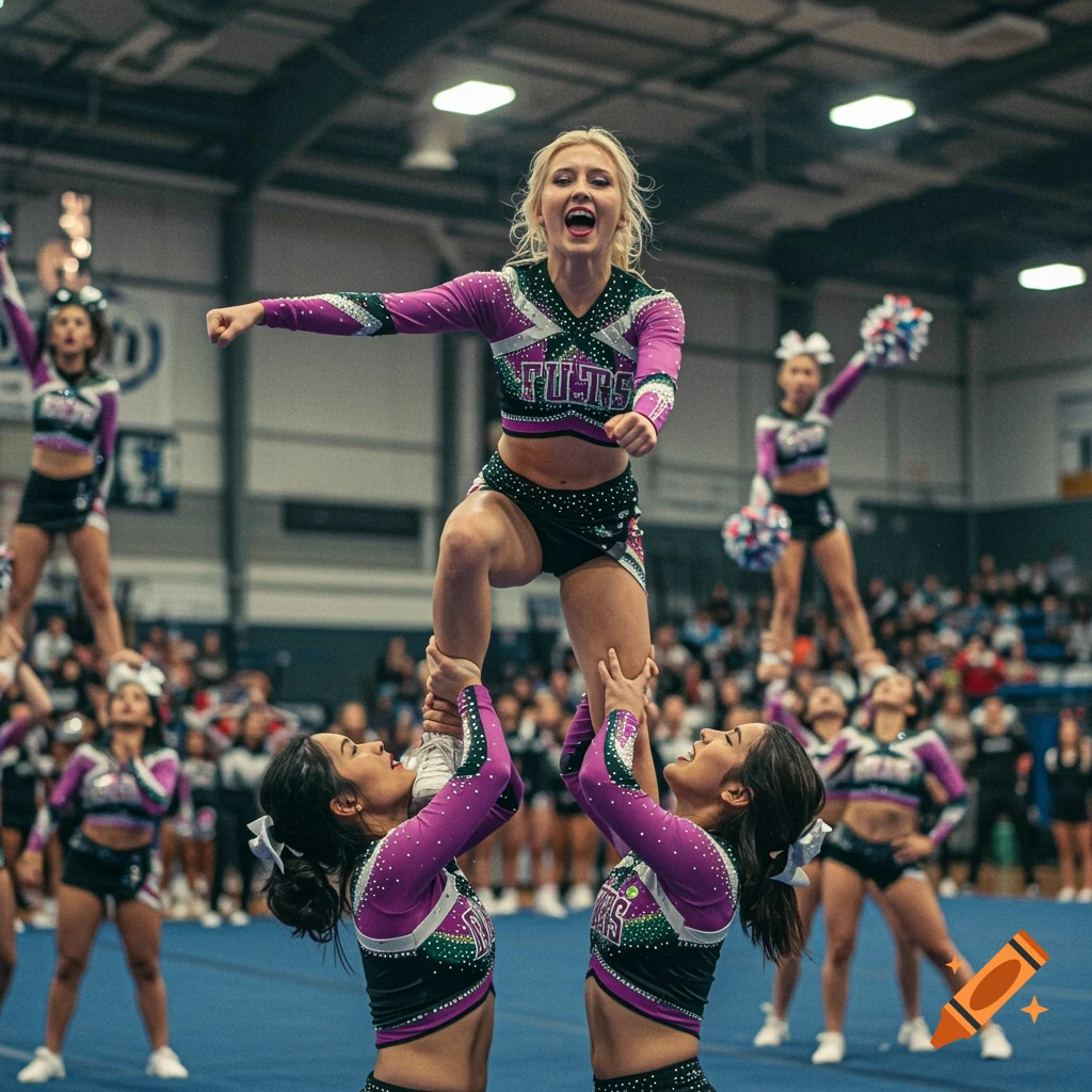 Cheerleaders perform a high-flying stunt during a competitive ...