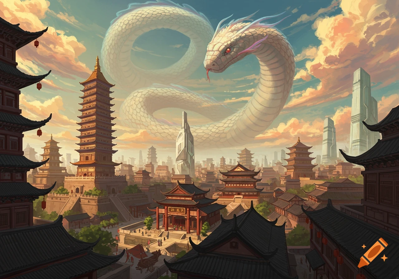 Large serpent over a city with ancient and modern buildings in a ...